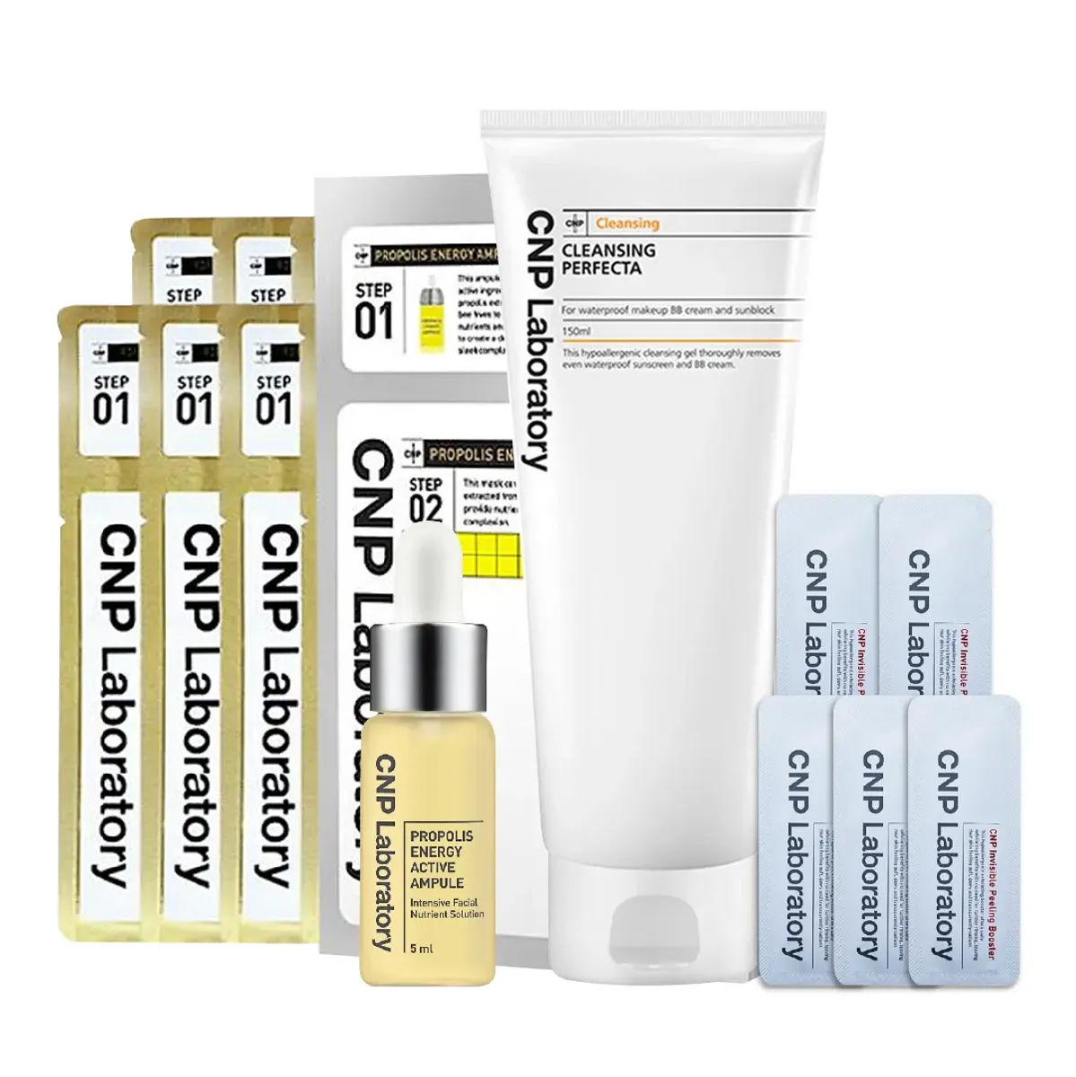 Combo Dưỡng Ẩm CNP (1 set mặt nạ, 1 tẩy trang 50ml, 1 tinh chất 5ml, 5 tẩy da chết 1ml)