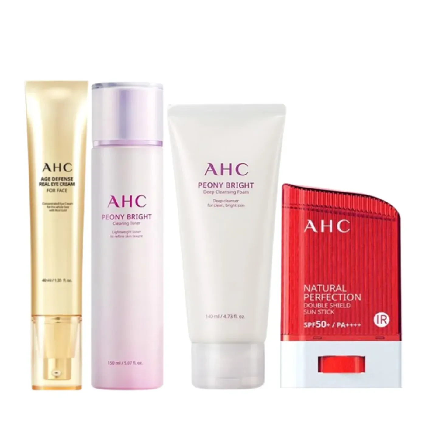 Combo Dưỡng Sáng AHC (1 kem mắt 40ml, 1 toner 150ml, 1 sữa rửa mặt 140ml, 1 kem chống nắng)