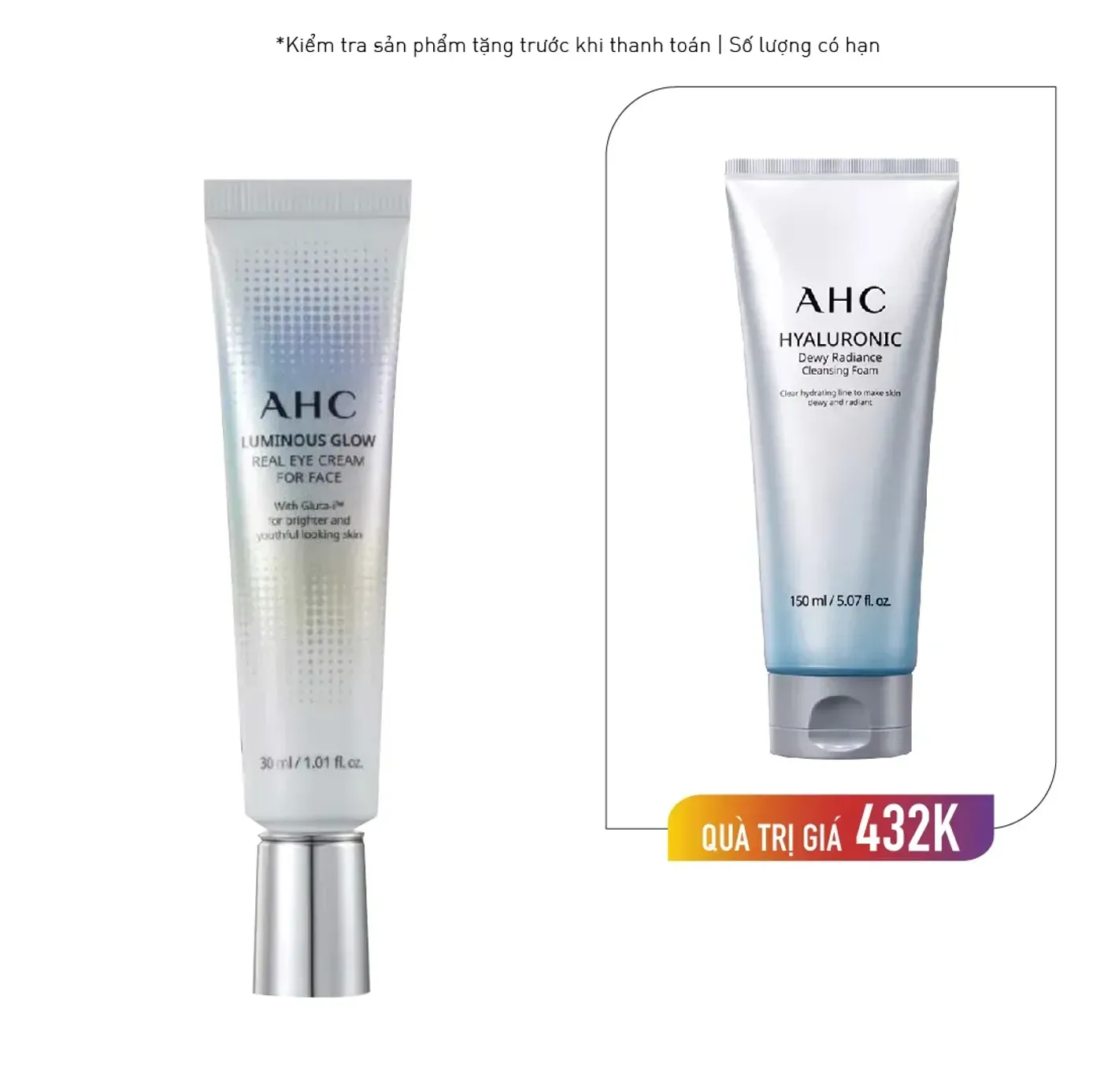 Combo Kem Mắt AHC Luminous Glow 30ml & Sữa Rửa Mặt AHC Hyaluronic Dewy 150ml
