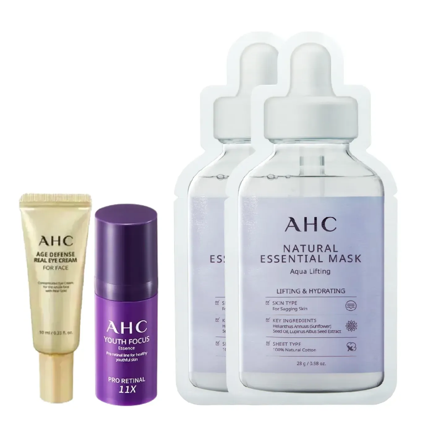 Combo Kem Mắt AHC (1 kem mắt 10ml, 2 mặt nạ Essential, 1 tinh chất Youth 10ml)