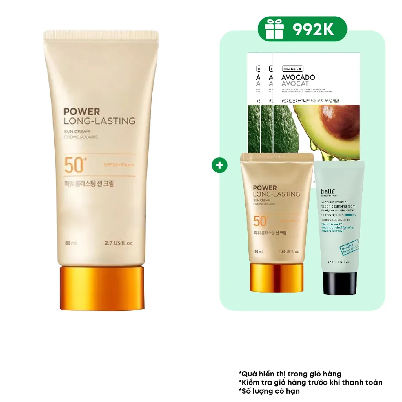 Combo 2 Kem Chống Nắng Lâu Trôi THE FACE SHOP Natural (50ml & 80ml) + Sữa Rửa Mặt Belif 35ml & 3 ...