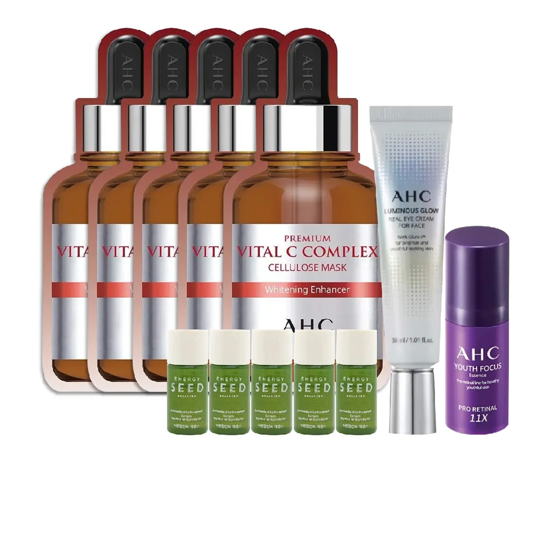 Combo AHC - Kem mắt làm sáng da 30ml, 5 tinh chất 5ml, 1 tinh chất 10ml & 5 mặt nạ giấy
