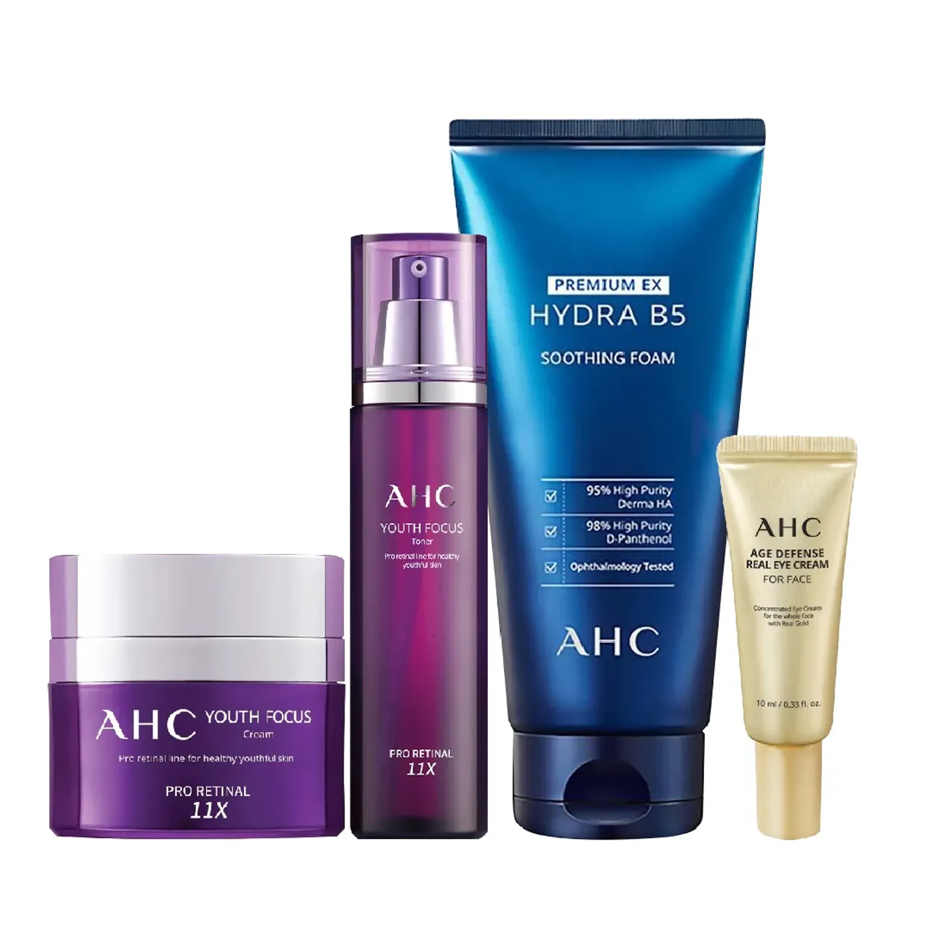 Combo Ngừa Lão Hóa AHC (1 kem dưỡng 50ml, 1 toner 130ml, 1 sữa rửa mặt 180ml, 1 kem dưỡng 10ml)