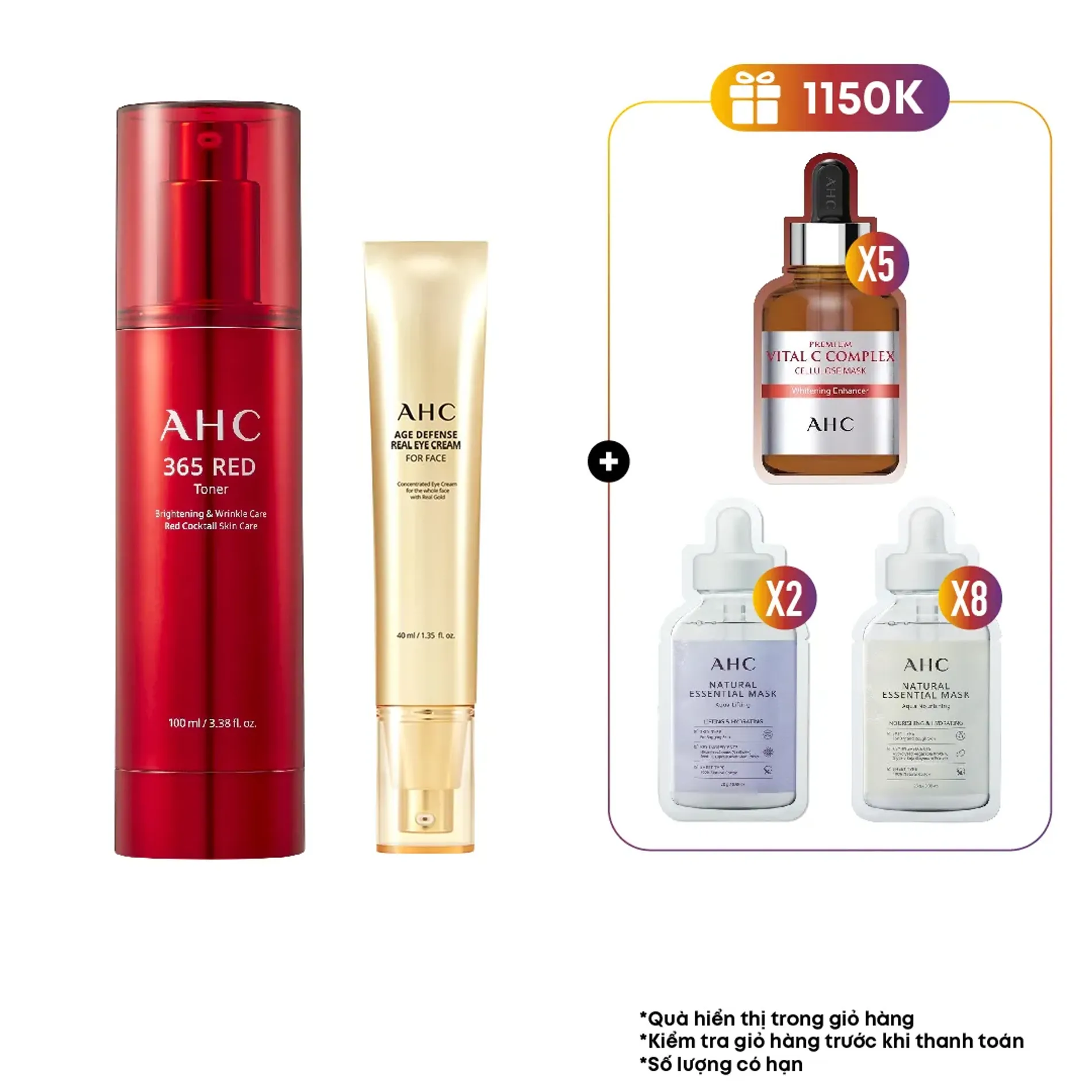 Combo AHC Ngừa Lão Hóa Da - 1 Nước Cân Bằng 365 Red 100ml & 1 Kem Mắt 40ml