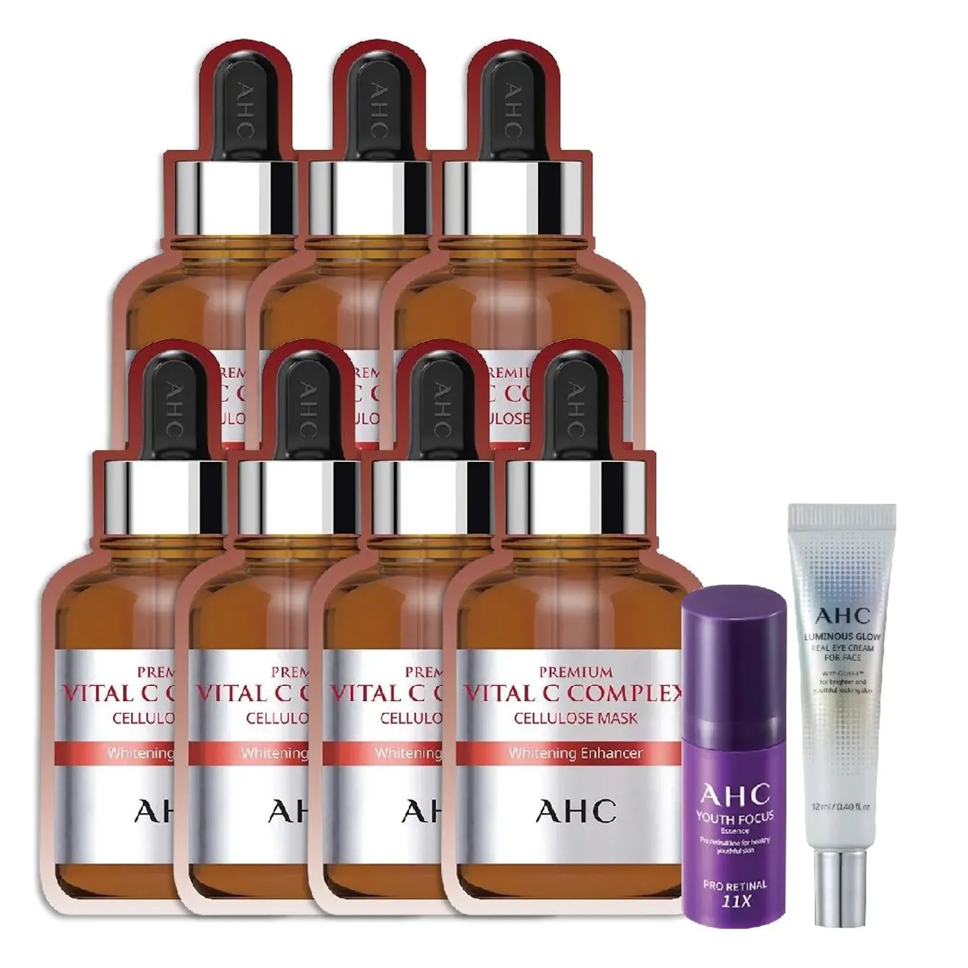 Combo AHC Dưỡng Da Săn Chắc - 7 Mặt Nạ Giấy Vital C + 1 Kem Mắt 12ml + 1 Tinh Chất 10ml