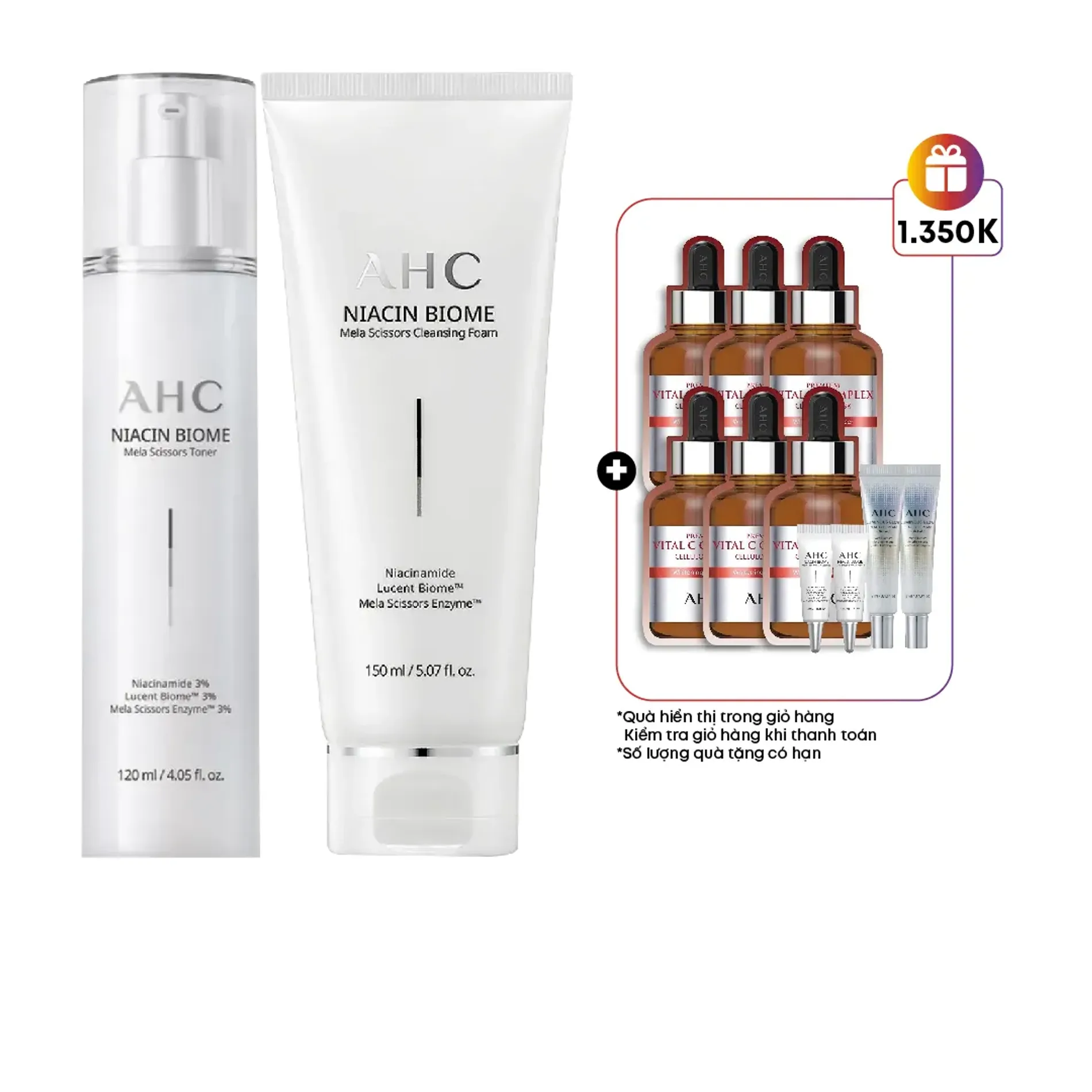 Combo Chăm Sóc Da Trắng Sáng AHC Niacin Biome (sữa rửa mặt 150ml + nước cân bằng 120ml) + 2 tinh ...