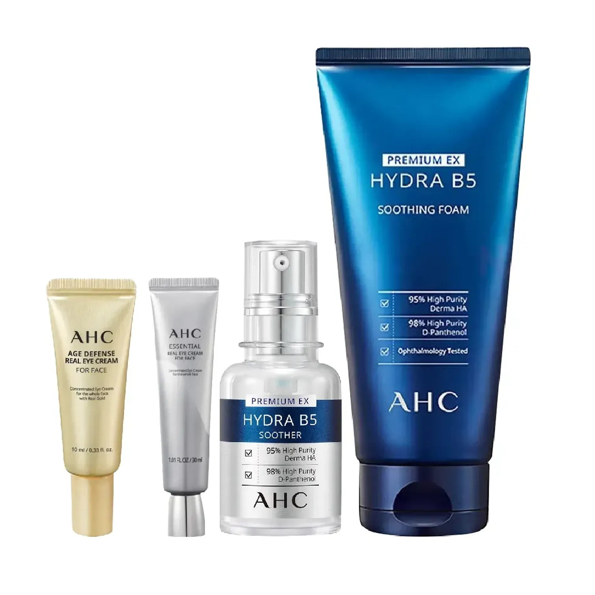 Combo Dưỡng Ẩm Da AHC (1 kem mắt 30ml, 1 tinh chất 30ml, 1 sữa rửa mặt 180ml, 1 kem dưỡng 10ml)