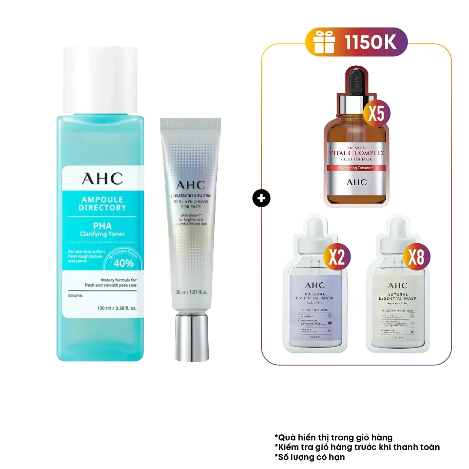 Combo AHC Cấp Nước Làm Mịn Da - 1 Nước Cân Bằng 100ml & 1 Kem Mắt Luminous Glow 30ml
