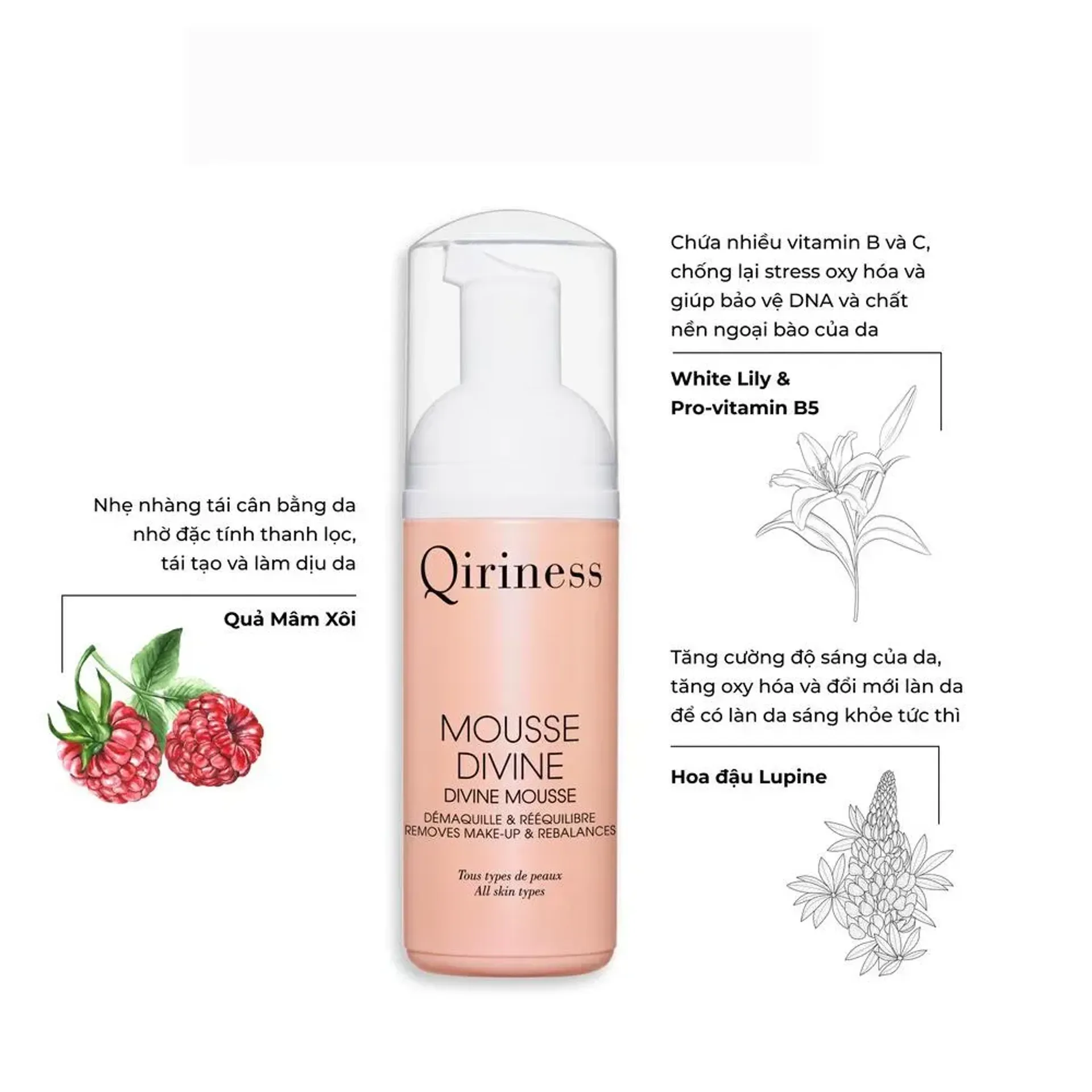 Bọt Rửa Mặt Dịu Nhẹ Kiềm Dầu Qiriness Divine Mousse 125ml