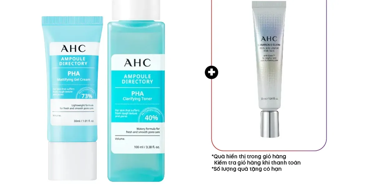 Combo AHC - Kem Dưỡng Da Ampoule Directory PHA 30ml + Nước Cân Bằng 100ml + Kem Mắt Luminous 30ml