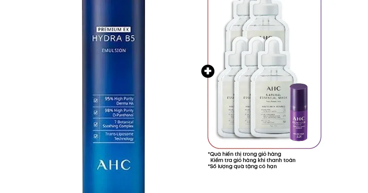 Combo Dưỡng Ẩm Chuyên Sâu & Ngừa Lão Hóa AHC (Sữa Dưỡng Hydra B5 140Ml + 5 Mặt Nạ + 1 Tinh chất ...